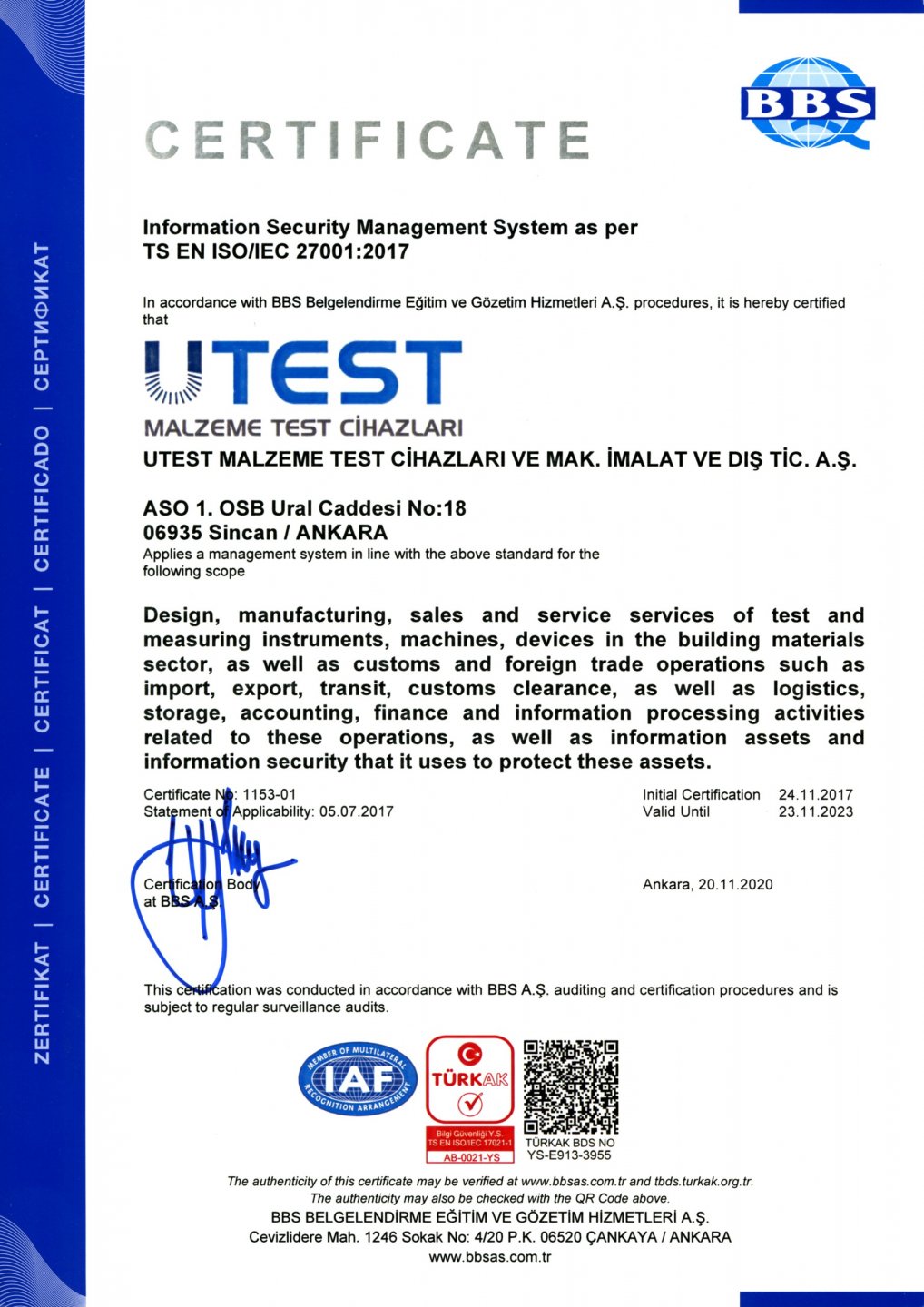 Certificates - Quality Policy - Utest Material Testing Equipment