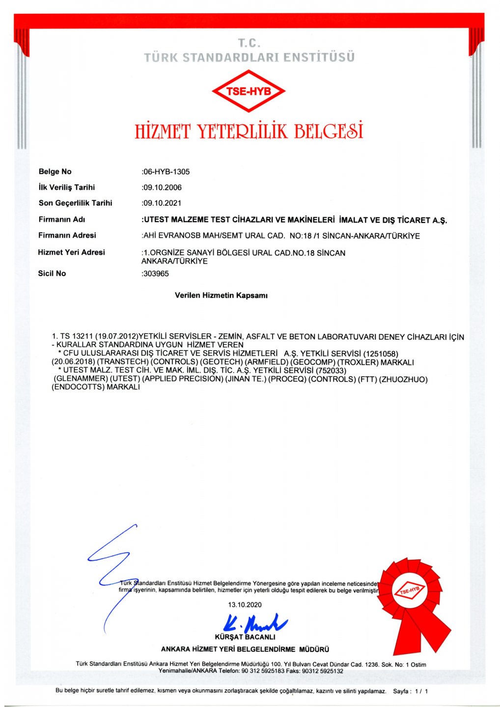Certificates - Quality Policy - Utest Material Testing Equipment
