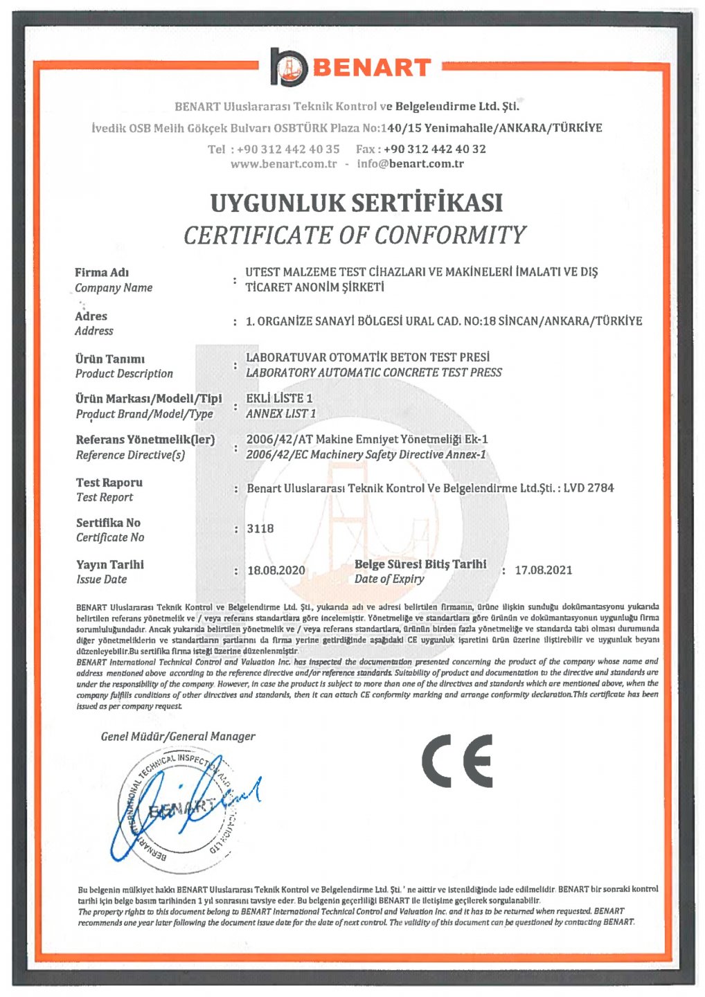 Product Certificates - Quality Policy - Utest Material Testing Equipment