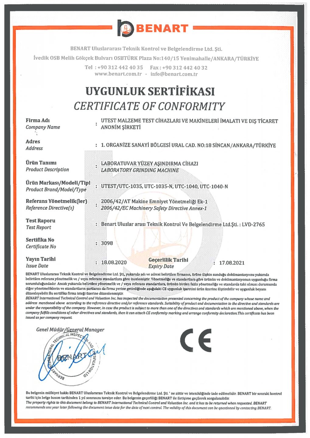 Product Certificates - Quality Policy - Utest Material Testing Equipment